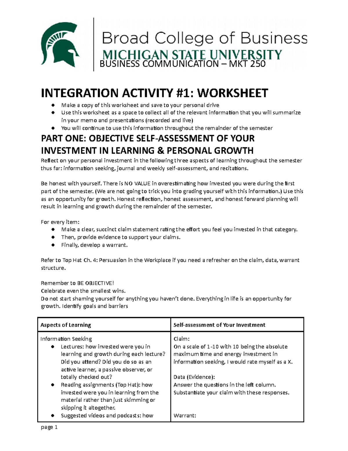 Integration Activity #1 Worksheet MKT250 FA22 - INTEGRATION ACTIVITY #1 ...