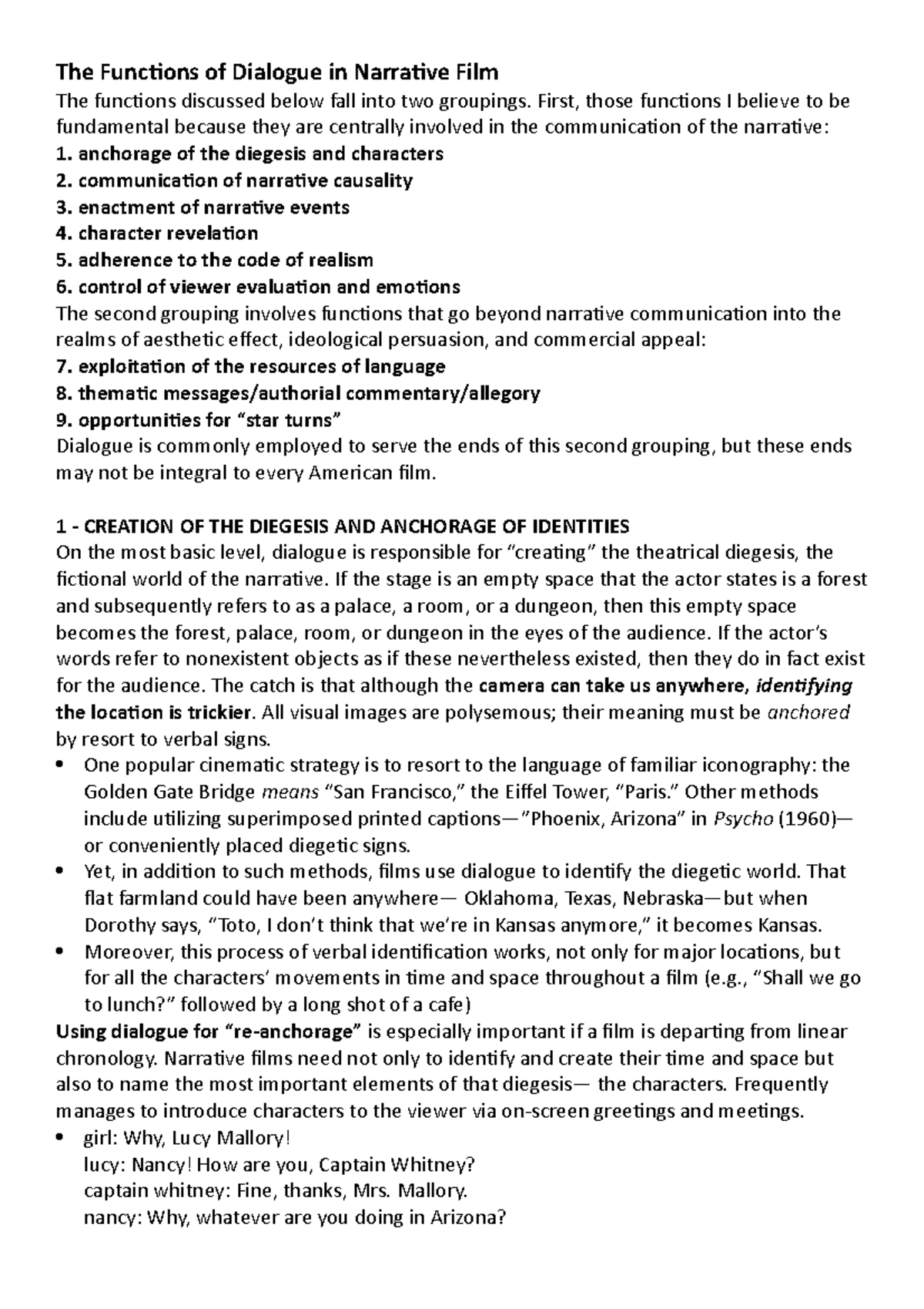 Functions of dialogue in narrative films - First, those functions I ...