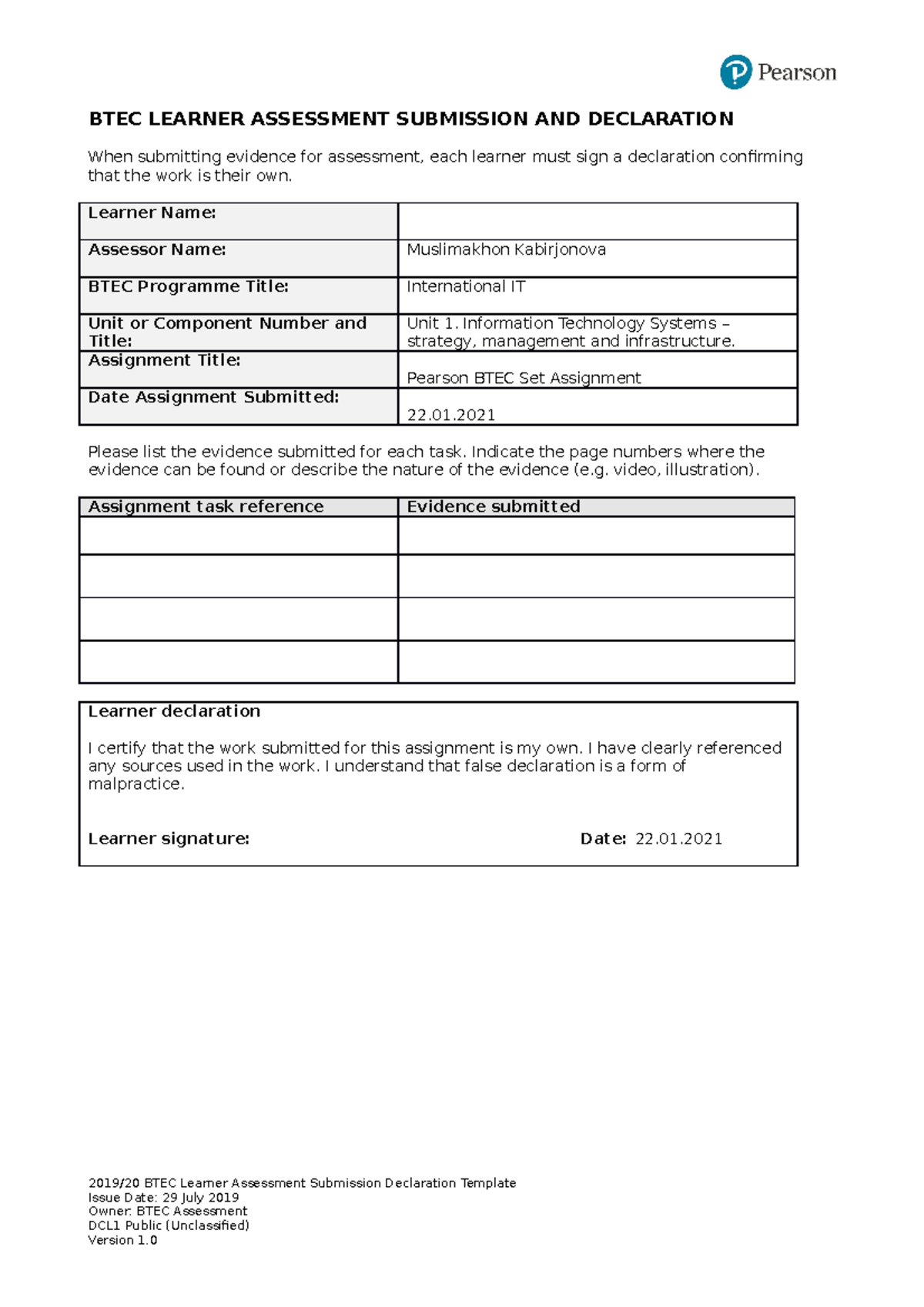 Learner Assessment Submission Declaration - BTEC LEARNER ASSESSMENT ...