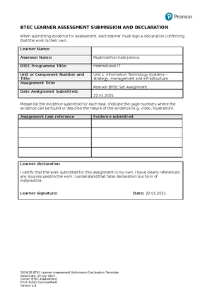 Learner Assessment Submission Declaration - BTEC LEARNER ASSESSMENT SUBMISSION AND DECLARATION ...