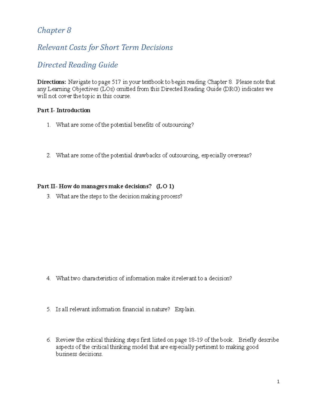 6e Ch 8 Directed Reading Guide - Chapter 8 Relevant Costs for Short ...