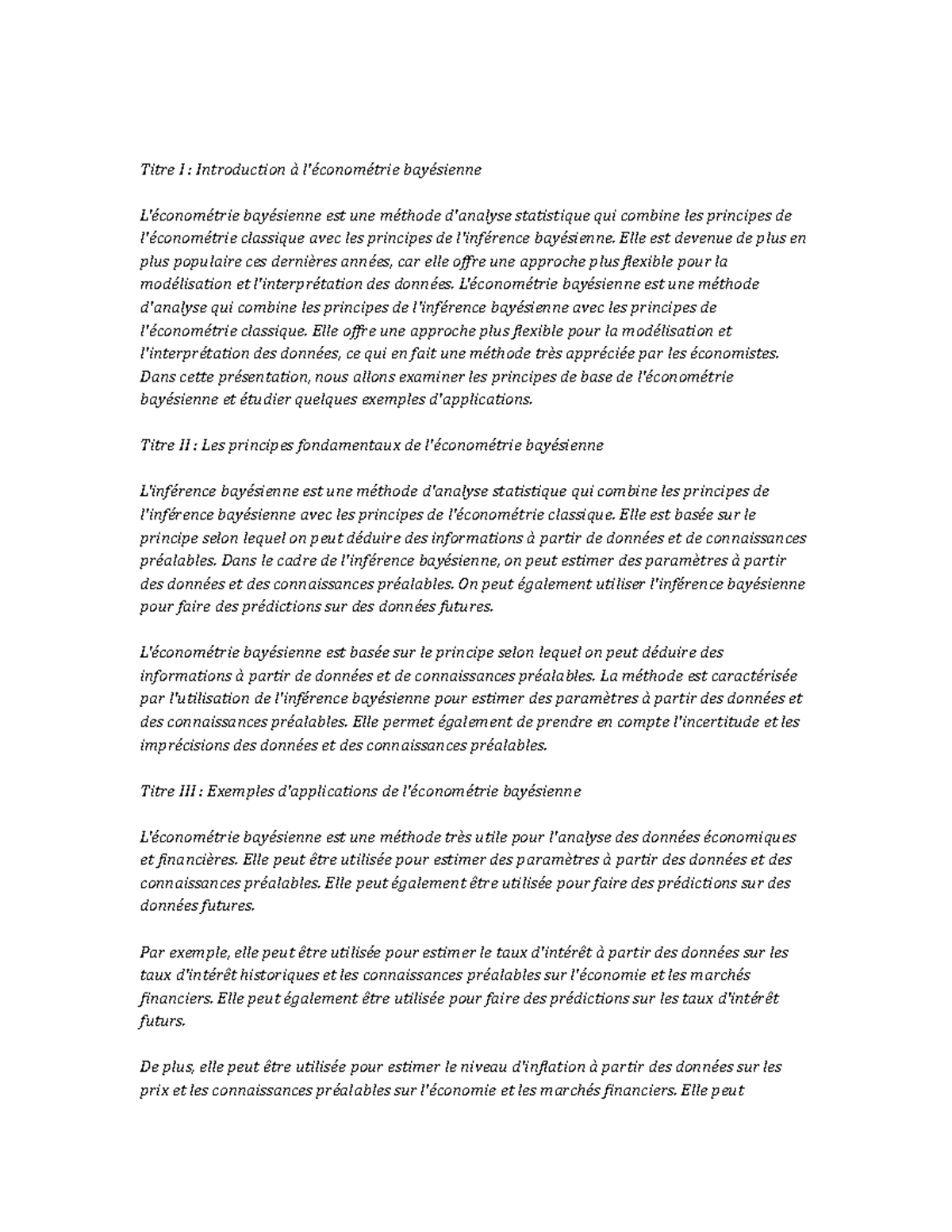 Bayesian Econometrics note study - Titre I : Introduction à l ...