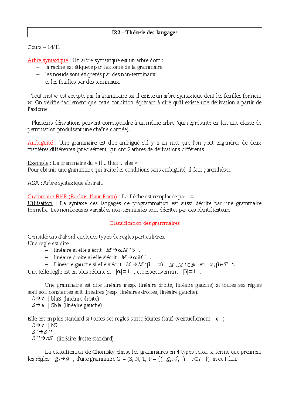 I32 cours 14 11 - I32 – Théorie des langages Cours – 14/ Arbre ...