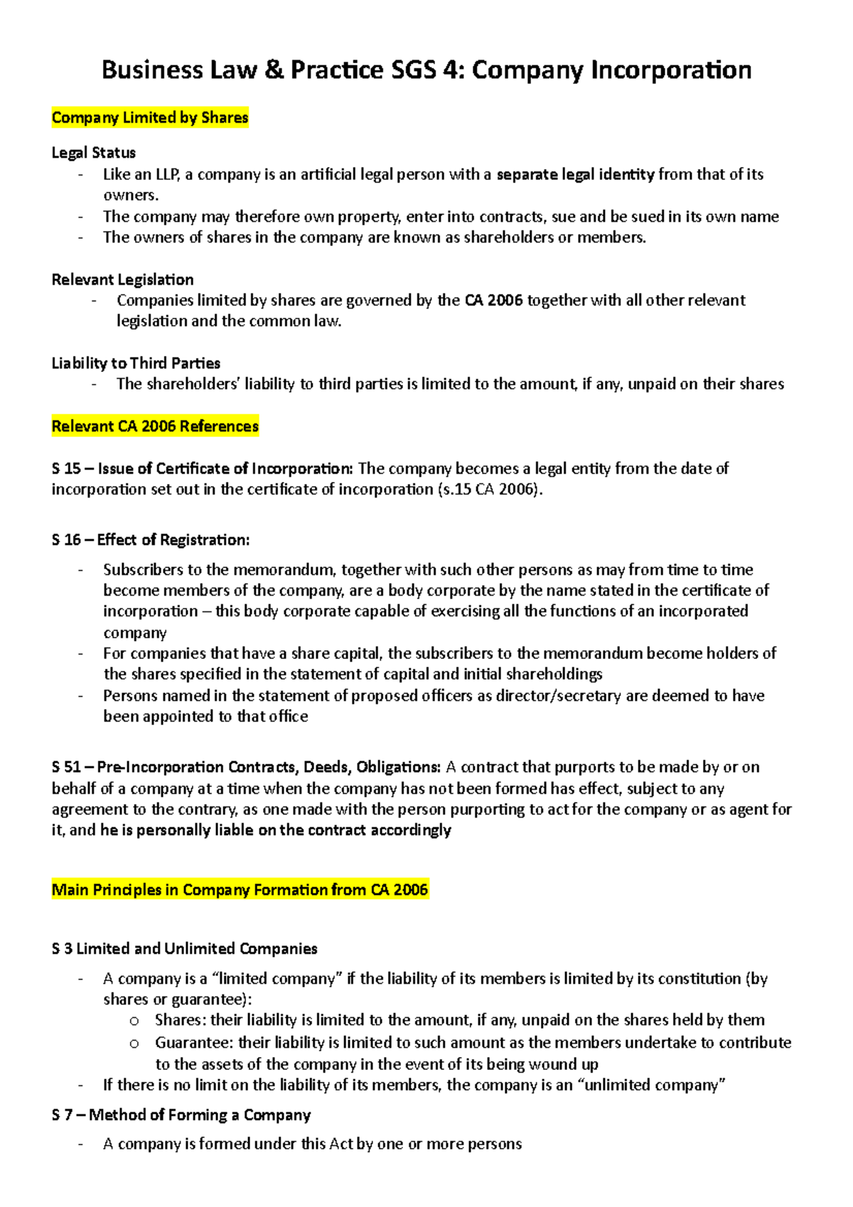 SGS 4 Prepare - Incorporating a Company - Business Law & Practice SGS 4 ...