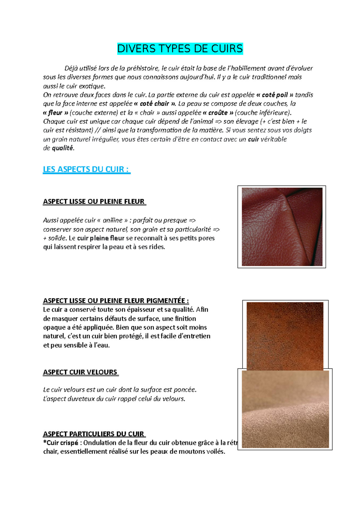 Divers Types DE Cuirs - Voici mon cours, j'espère qu'il vous aidera ...