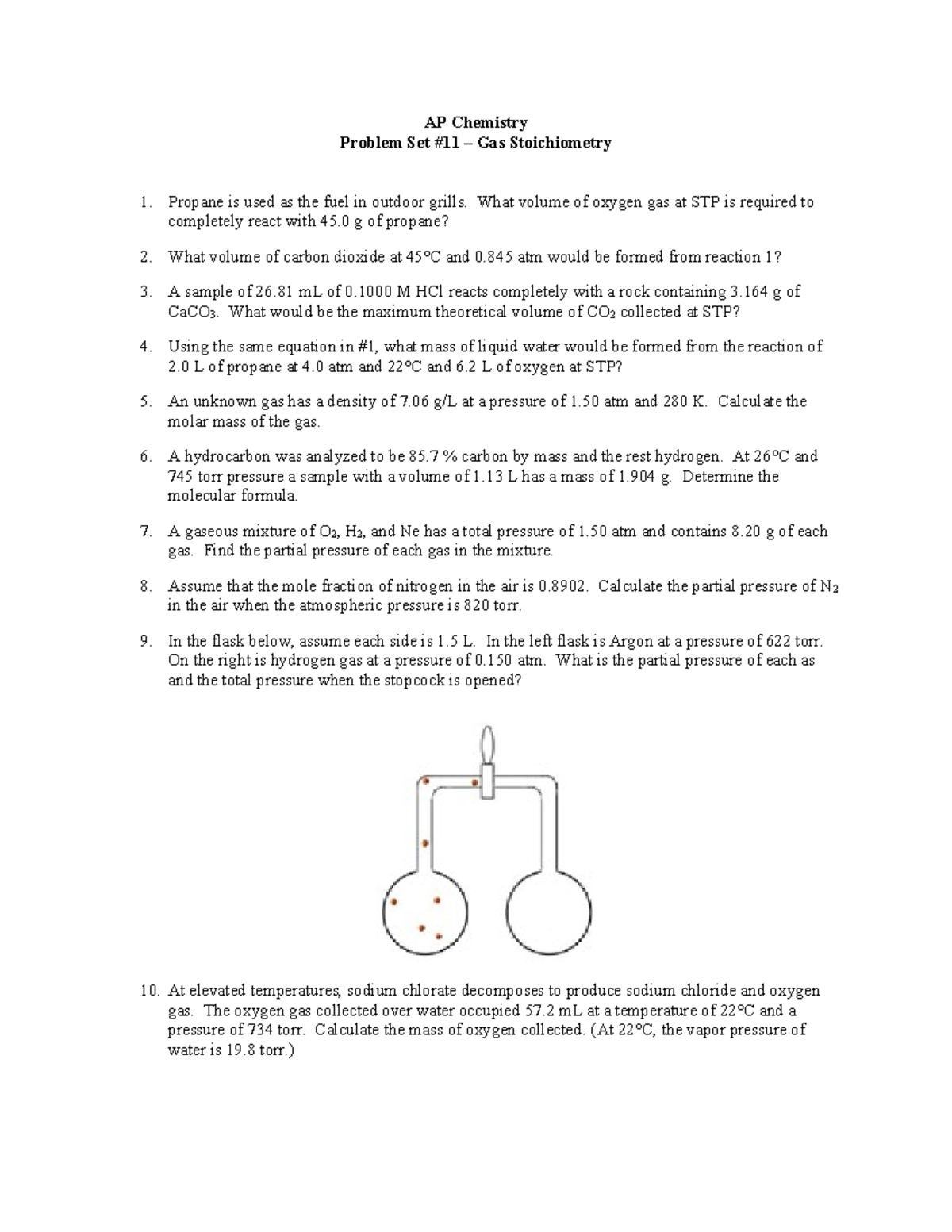 Problem Set #11 - worksheet - AP Chemistry Problem Set #11 – Gas Stoichiometry Propane is used ...