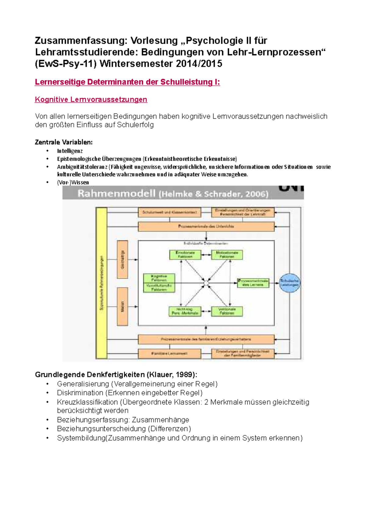 Komplette Zusammenfassung Psycho II - Zusammenfassung: Vorlesung „Psychologie II für - Studocu