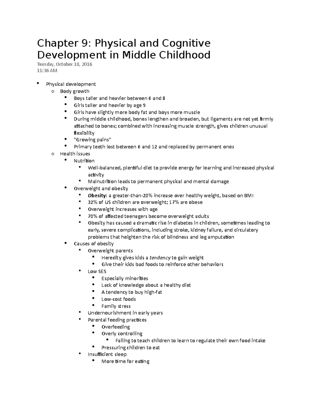 Developmental Psychology Chapter 9 Notes - Chapter 9: Physical and ...