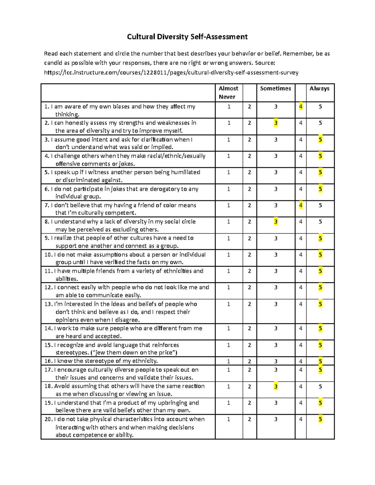 CCSelf Assess - Cultural Diversity Self-Assessment Read each statement ...