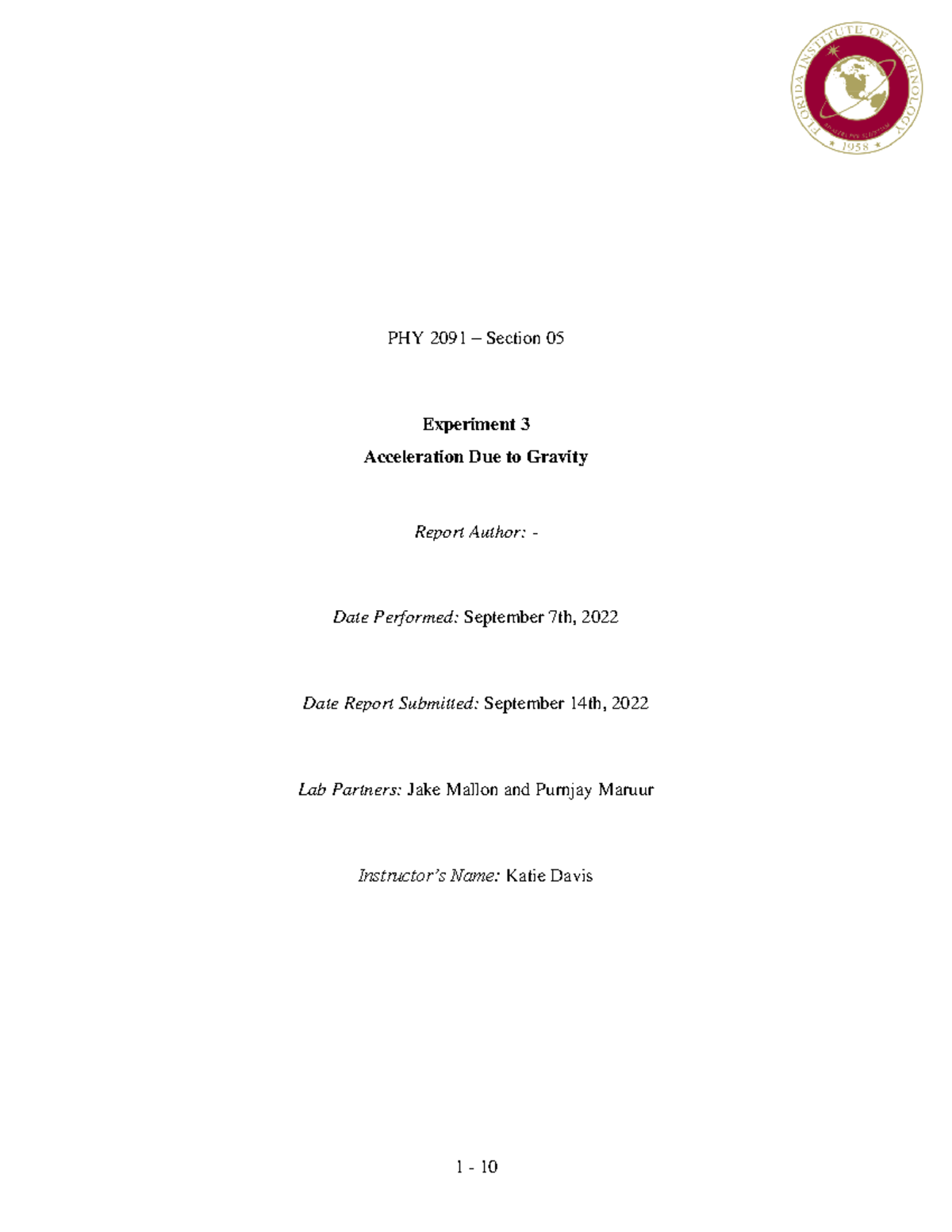 Lab 03 - Acceleration Due To Gravity Lab Report - PHY 2091 – Section 05 ...