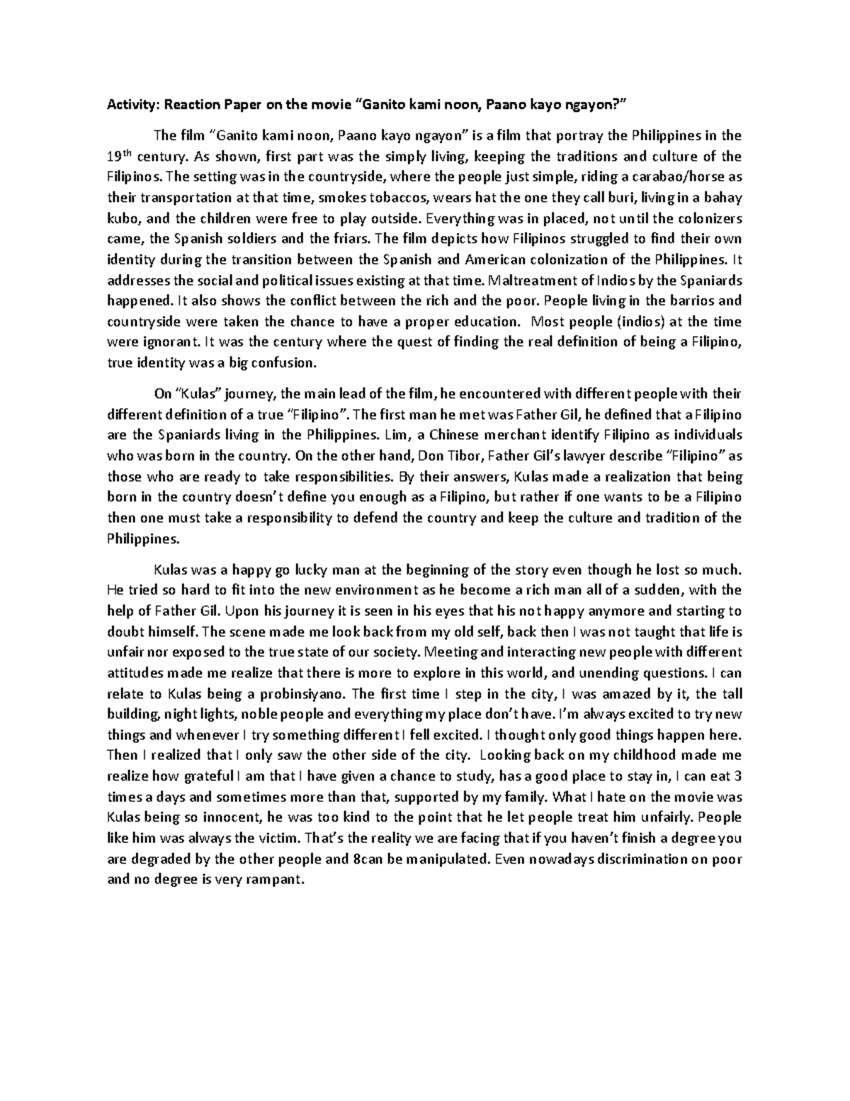 Reaction Paper - As shown, first part was the simply living, keeping ...