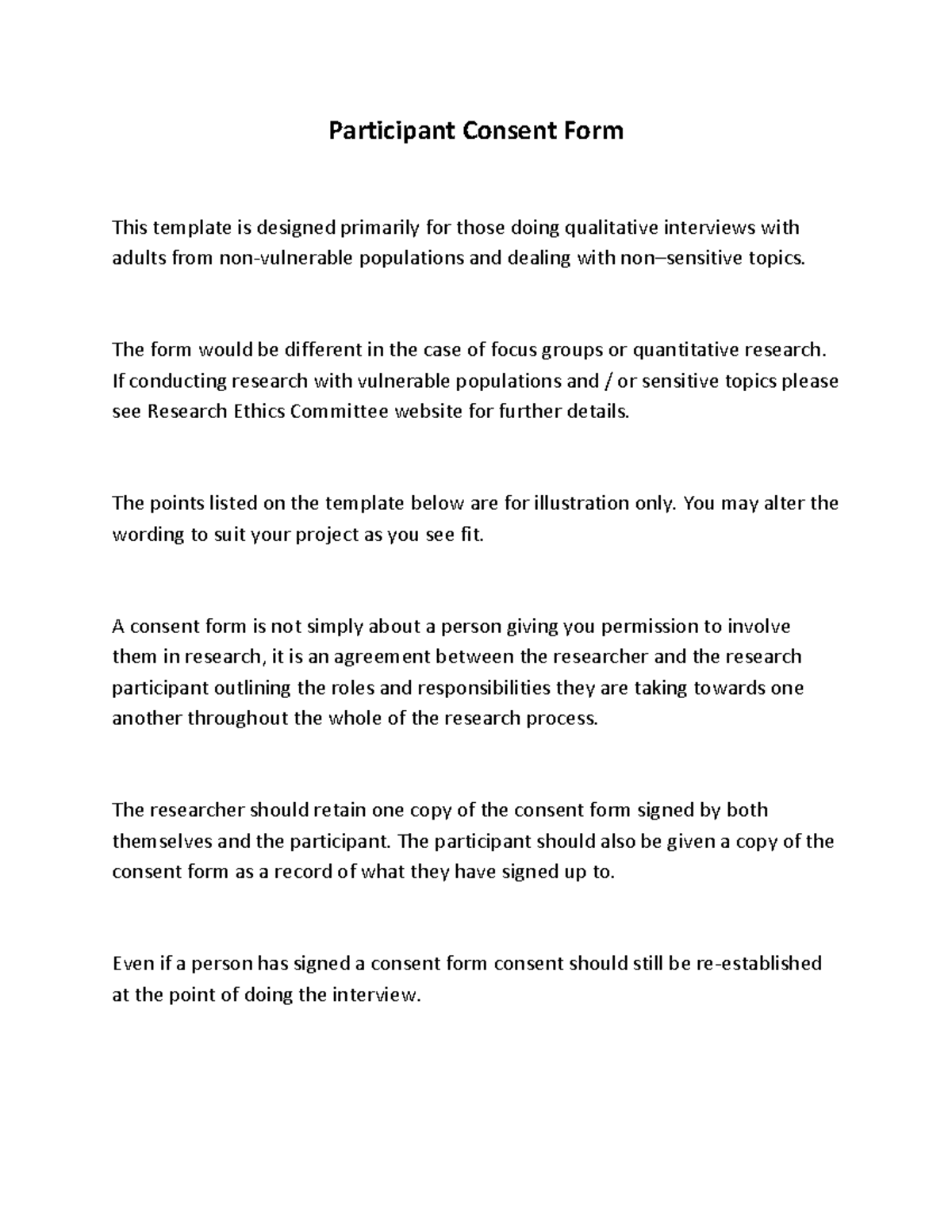 Participant consent form template - Participant Consent Form This ...