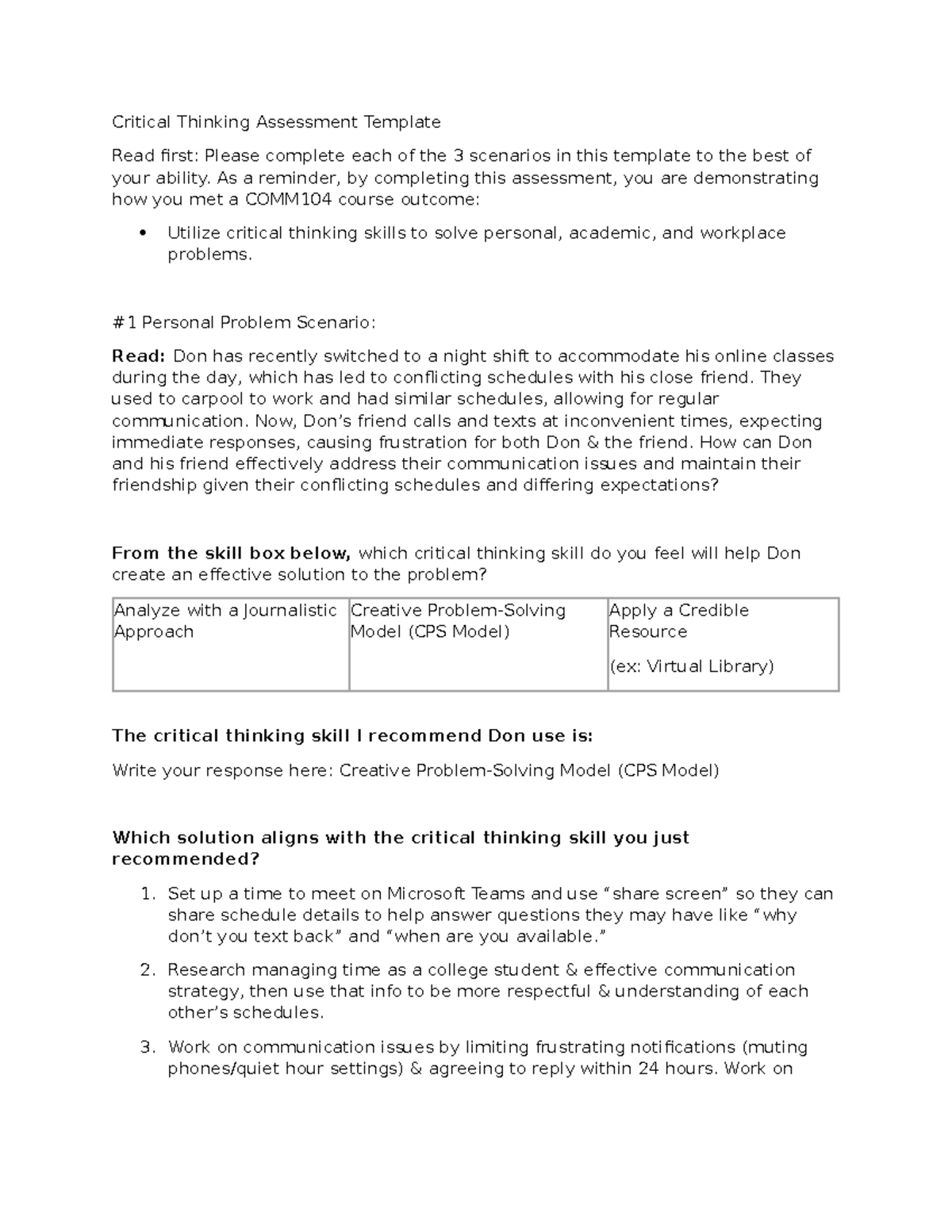 Critical Thinking Assessment Template - As a reminder, by completing ...