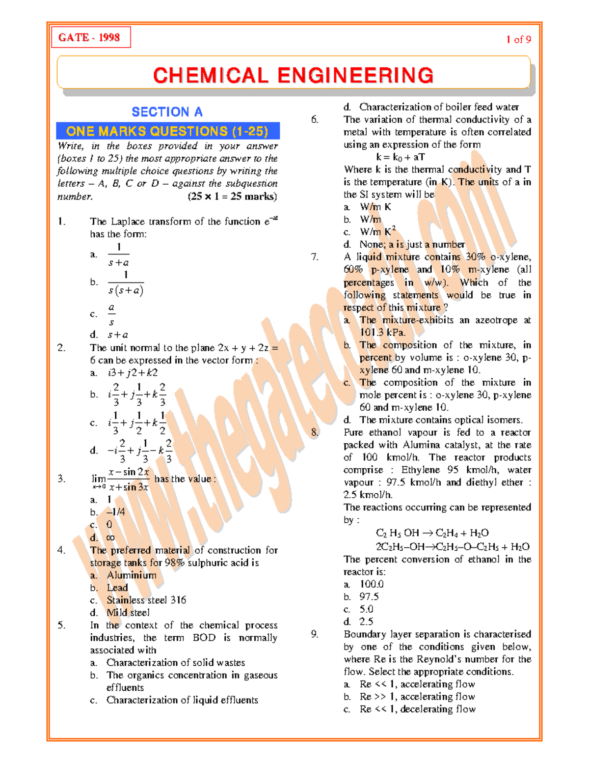 Sample/practice exam 9 February 2011, questions - GATE - 1998 1 of 9 ...