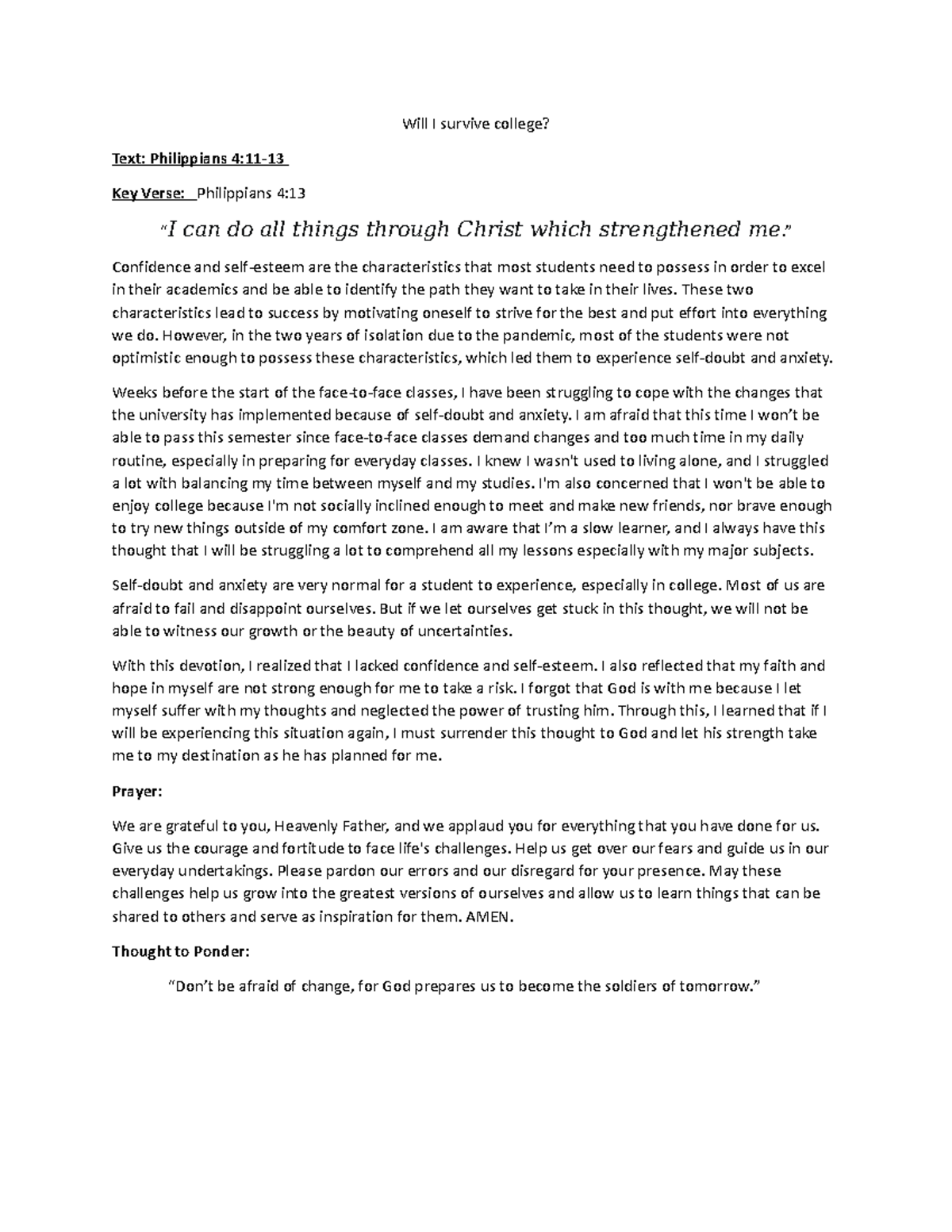 Personal Reflection - religion - Will I survive college? Text ...