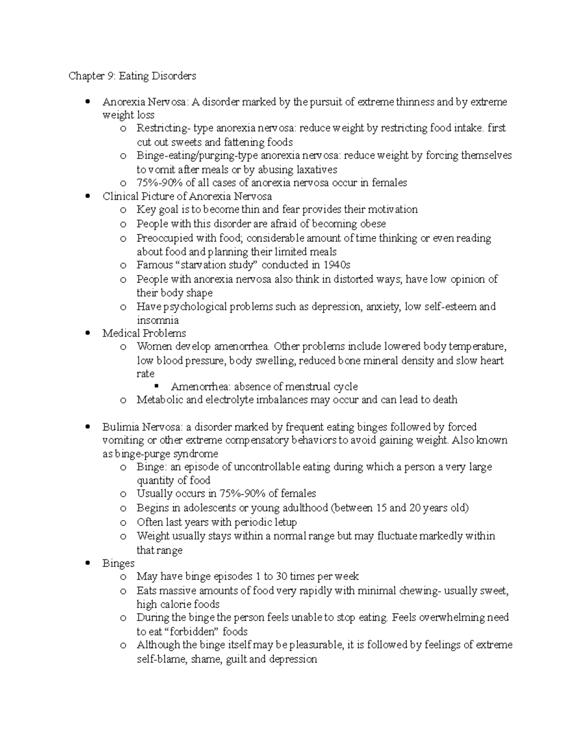Chapter 9 - Chapter 9: Eating Disorders Anorexia Nervosa: A disorder ...