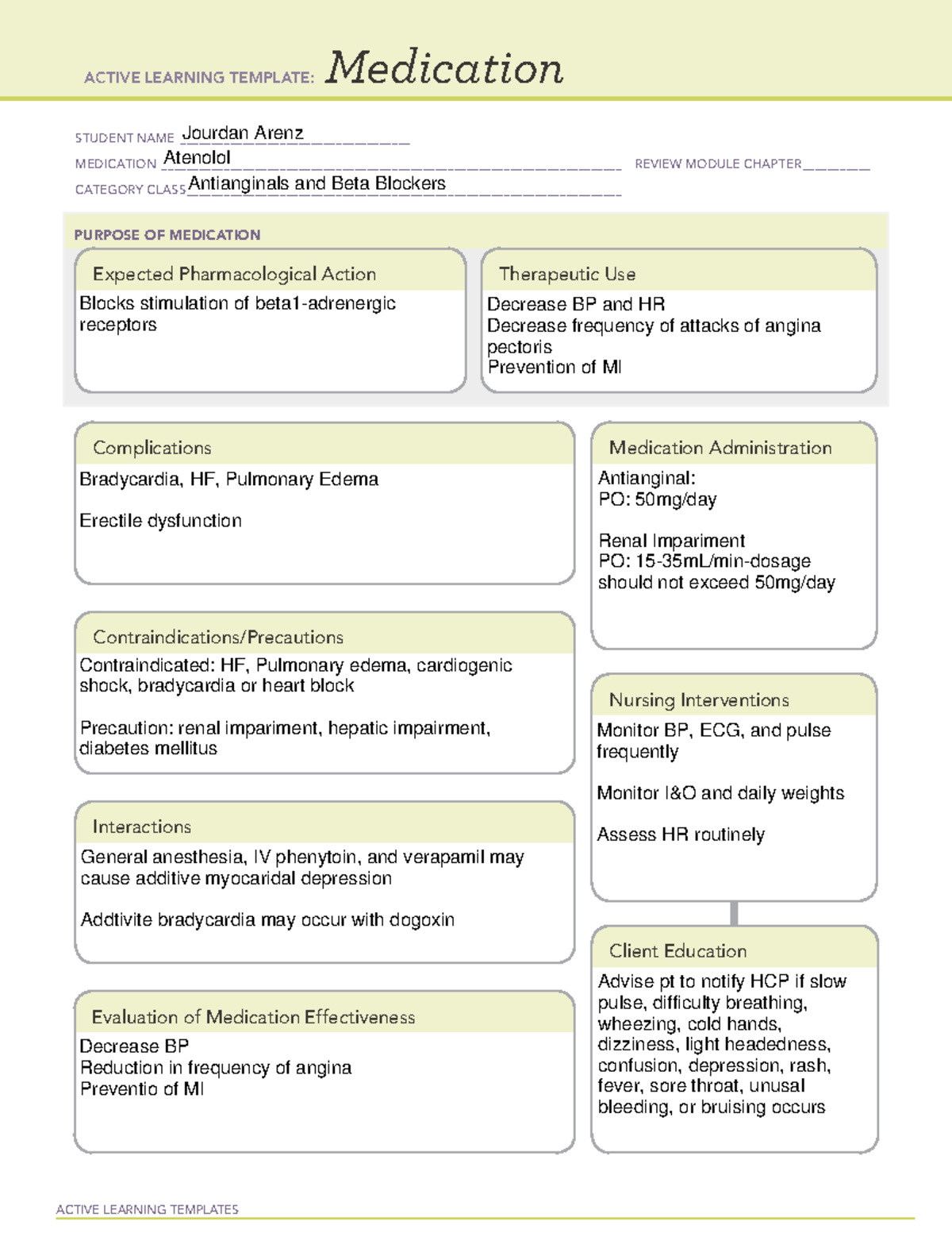 Atenolol med sheet - ACTIVE LEARNING TEMPLATES Medication STUDENT NAME ...