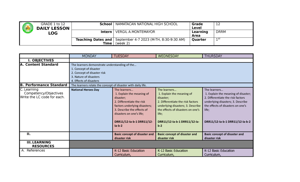 Drrm week 2 dll - GRADE 1 to 12 DAILY LESSON LOG School NAMATACAN ...