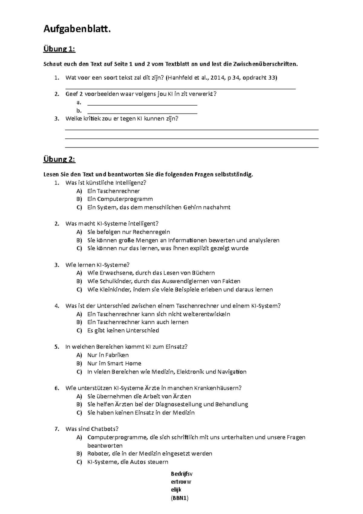 Aufgabenblatt 1 - opdrachten blad voor zelf gemaakte les over ...