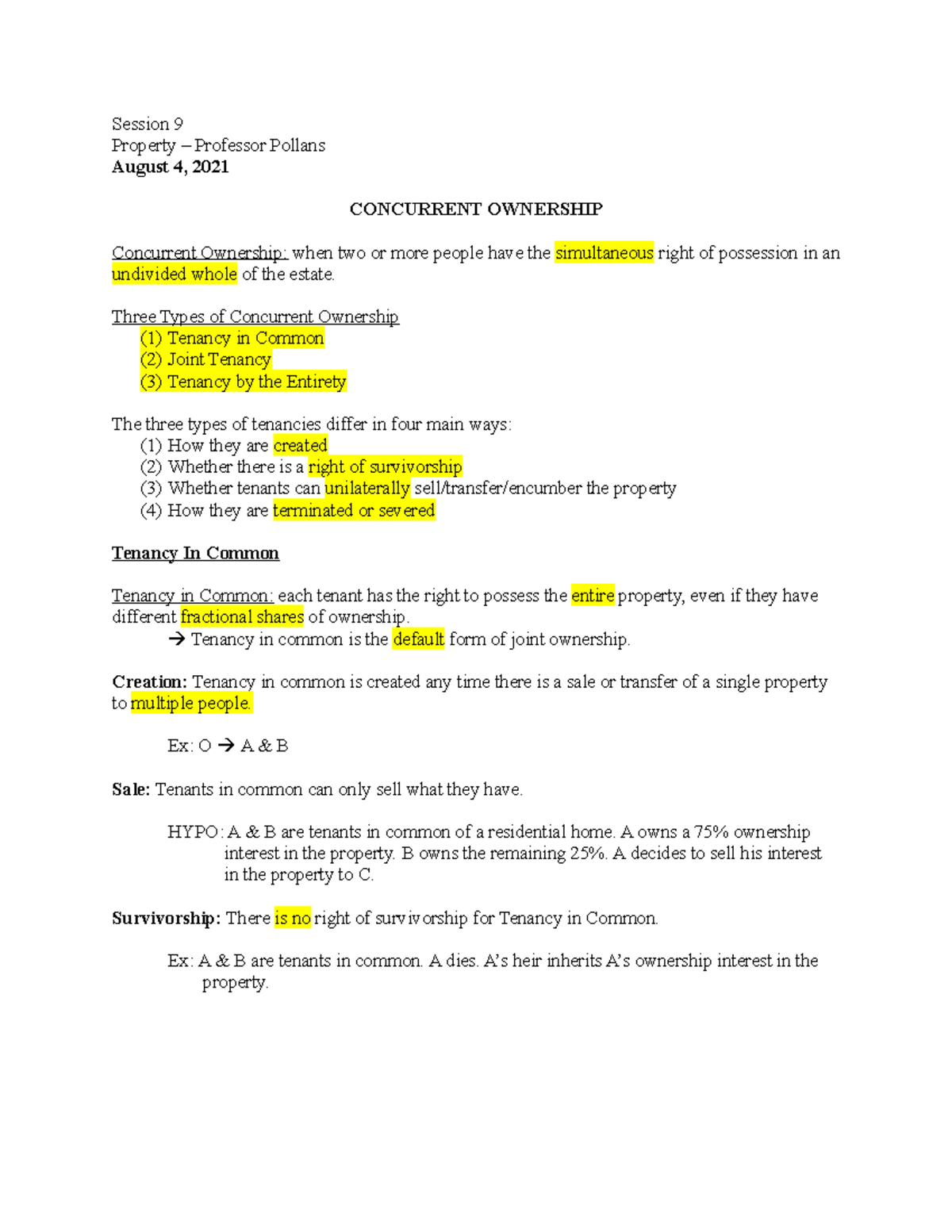 Concurrent Ownership - Notes - Session 9 Property – Professor Pollans ...