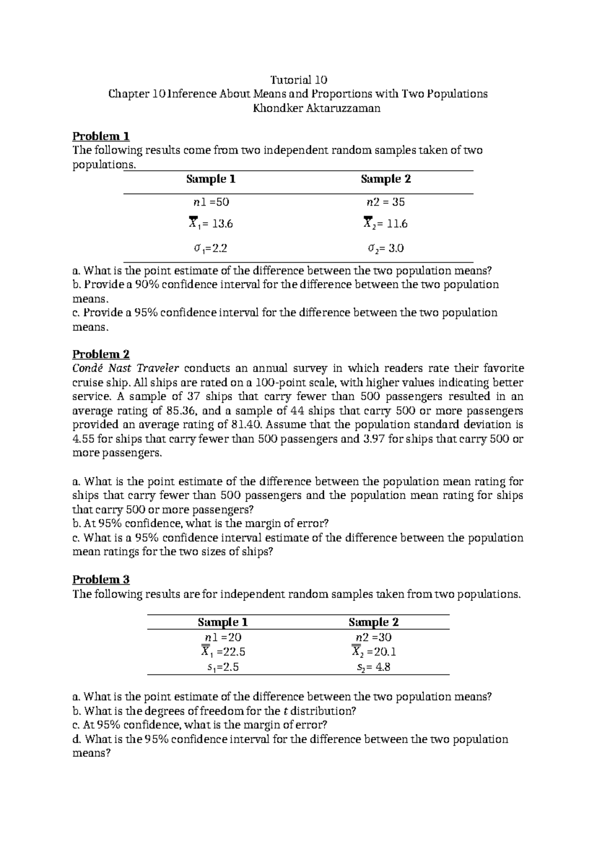 Tutorial 10 - T10 - Tutorial 10 Chapter 10 Inference About Means and Proportions with Two - Studocu