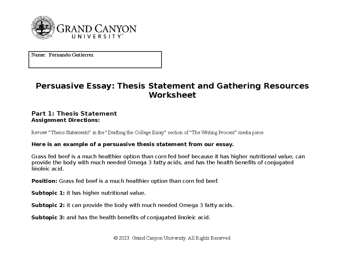 PHI-105 Thesis statement and gathering sources worksheet - Name ...
