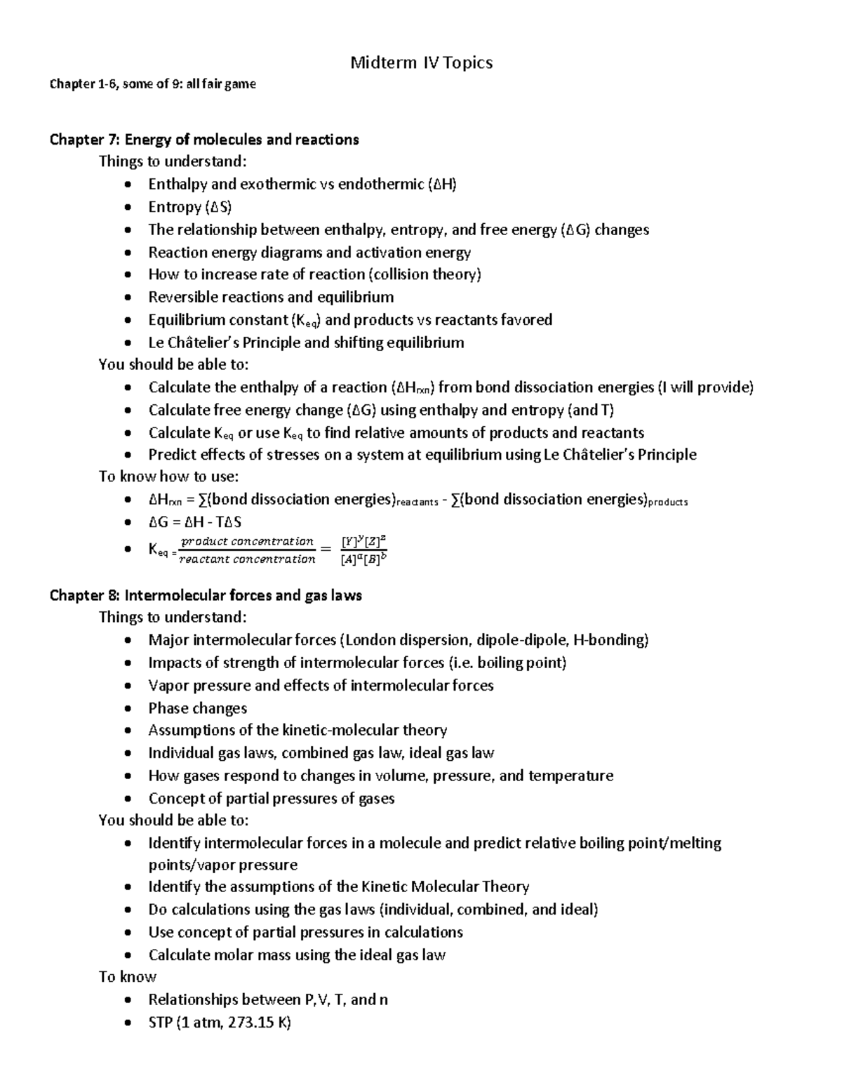 Midterm IV topics to review - Midterm IV Topics Chapter 1-6, some of 9 ...