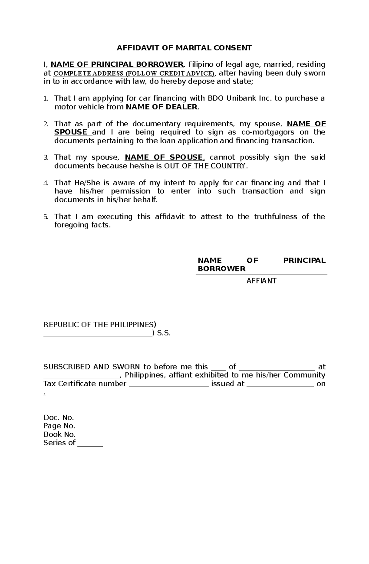 BDO AMC Template - SAMPLE - AFFIDAVIT OF MARITAL CONSENT I, NAME OF ...