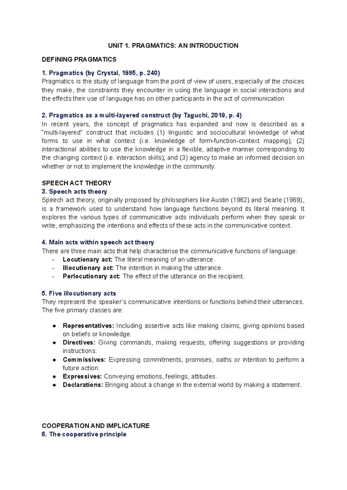 Definiciones examen - UNIT 1. PRAGMATICS: AN INTRODUCTION DEFINING ...