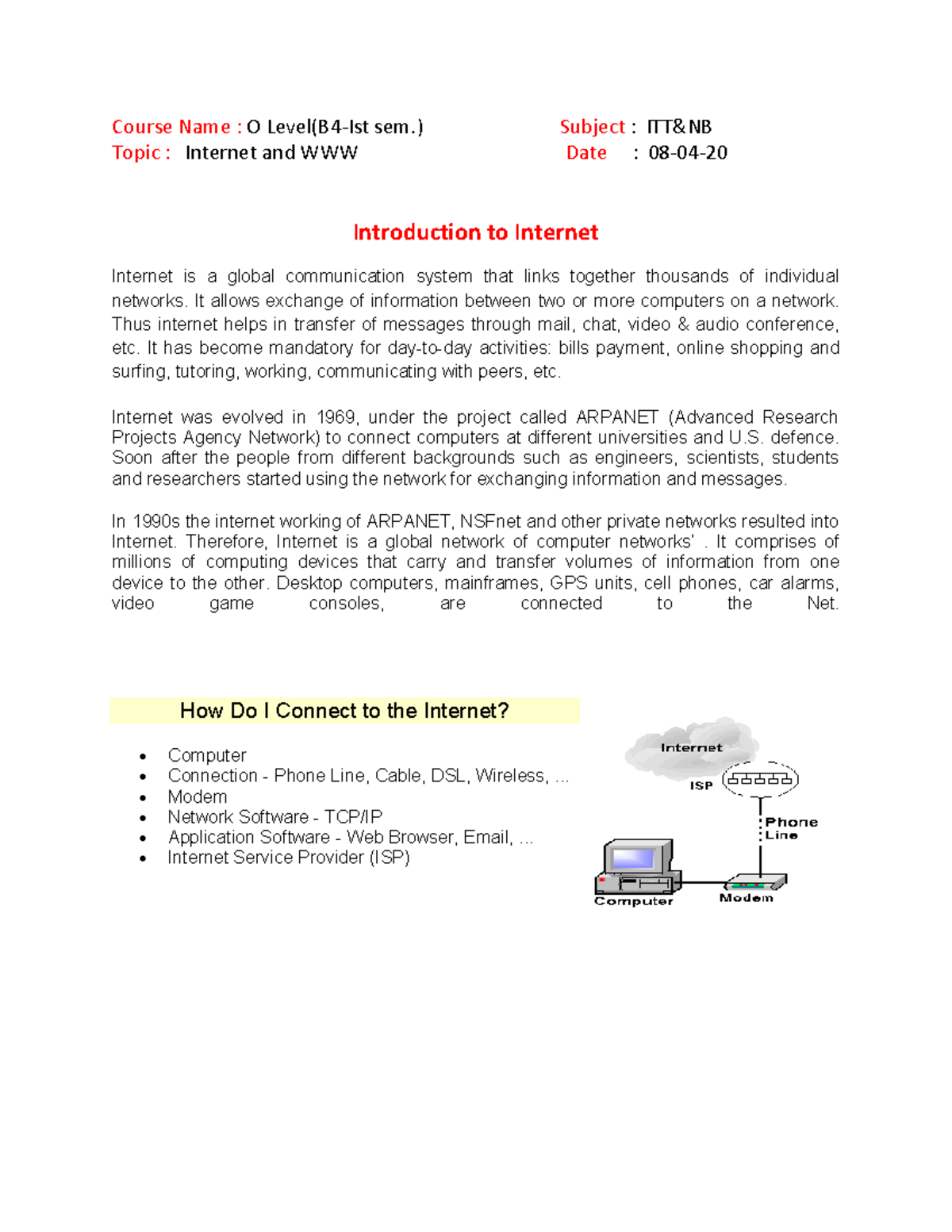 Introduction to Internet - Course Name : O Level(B4-Ist sem.) Subject ...