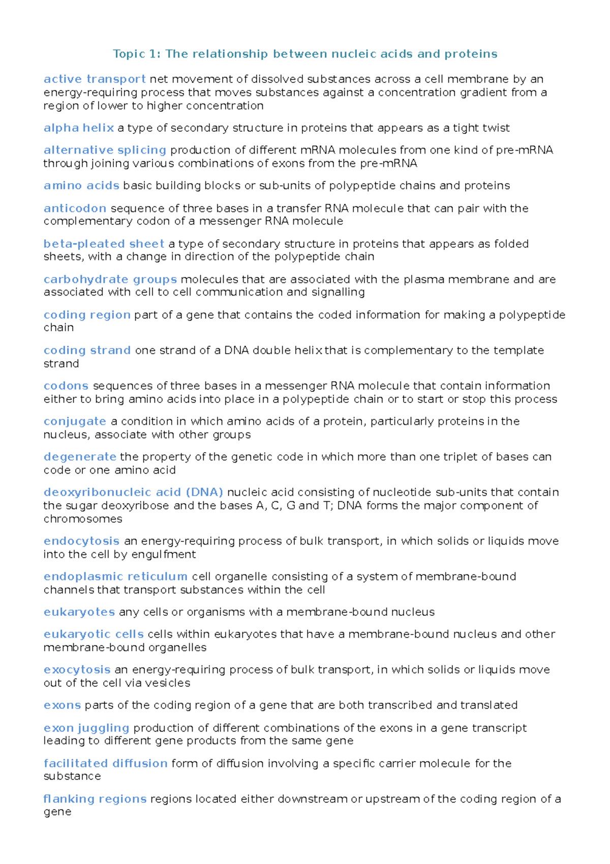 Unit 3 glossary bio - biology - Topic 1: The relationship between ...