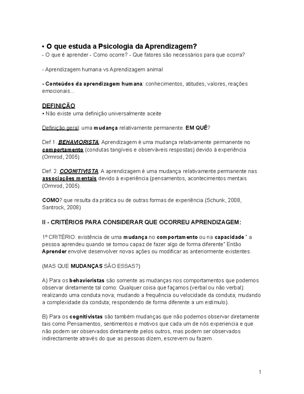 Sintese das aulas Psicologia da Aprendizagem 2º ano-Condicionamento ...