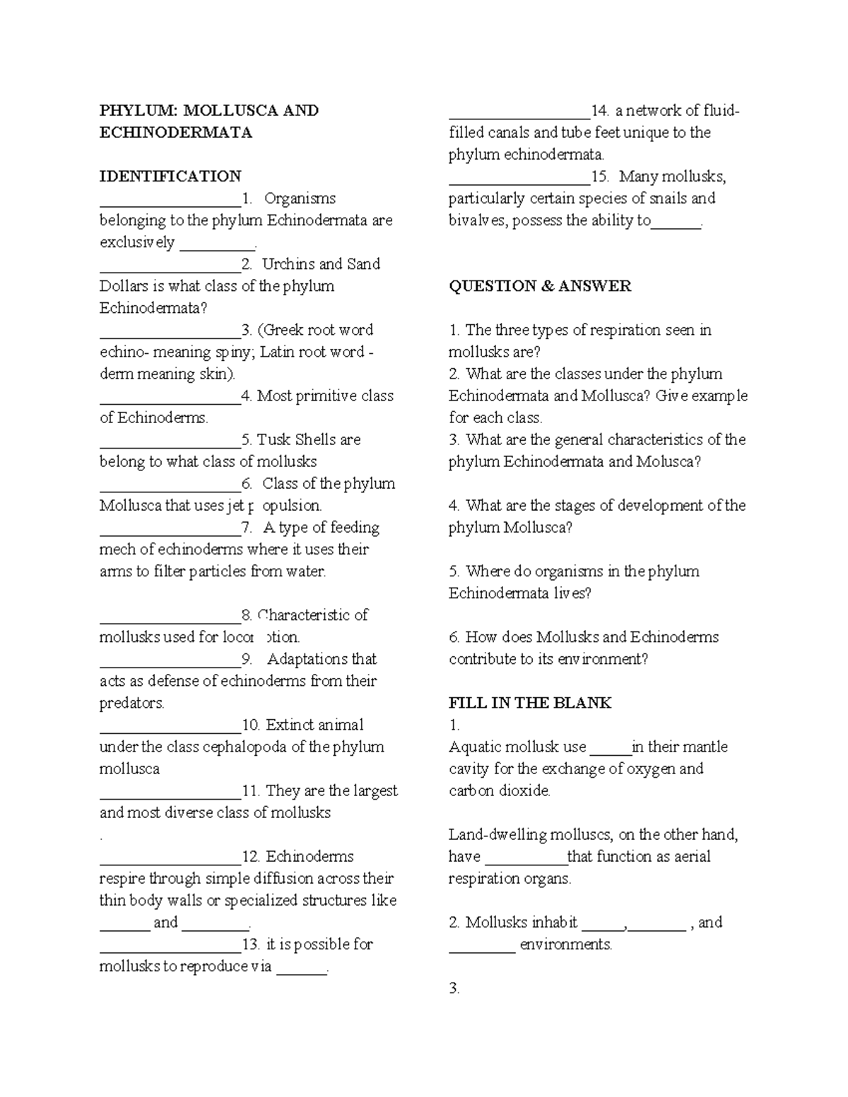 Mollusks and Echinoderms Reviewer - PHYLUM: MOLLUSCA AND ECHINODERMATA ...