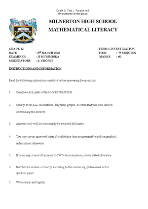 Investigation memo - MILNERTON HIGH SCHOOL MATHEMATICAL LITERACY GRADE ...