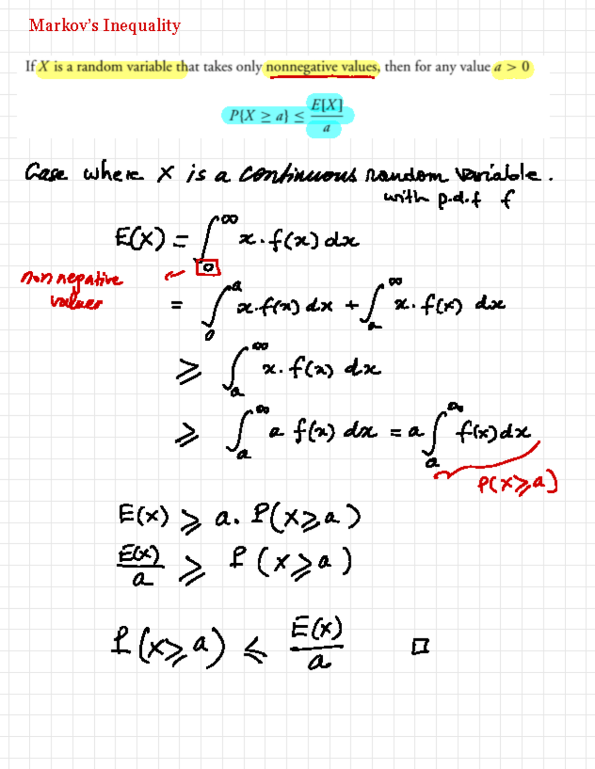 L14 Limit Theorems - Markov’s Inequality - Case where xis a continuous random variable with pdf ...