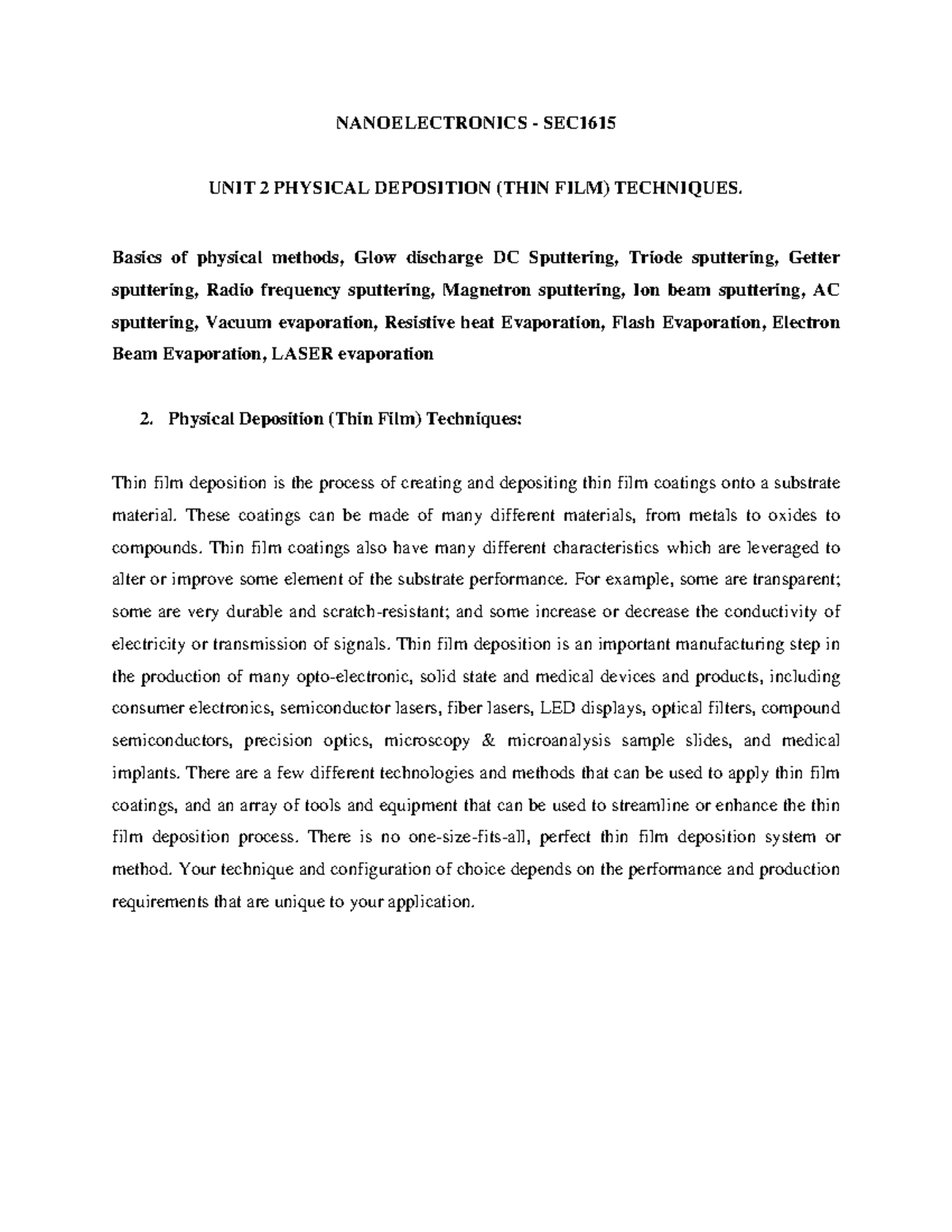 Physical Deposition THIN FILM Techniques NANOELECTRONICS SEC UNIT
