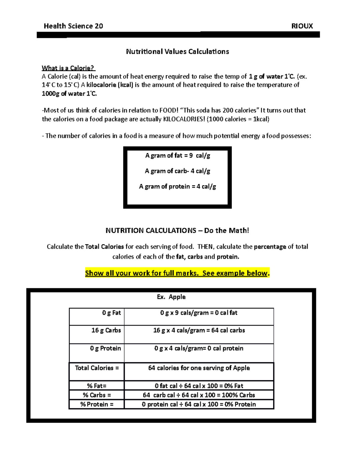 Nutritional Values Calculations Assignment - Health Science 20 RIOUX ...