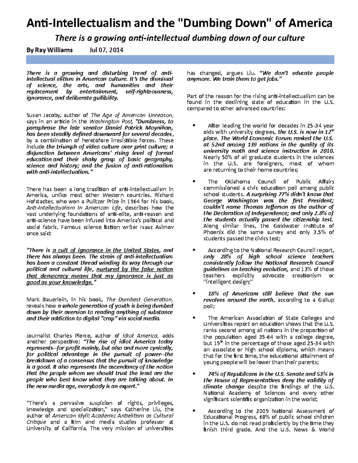 Article - Anti-Intellectualism & Dumbing Down of Culture - Anti ...