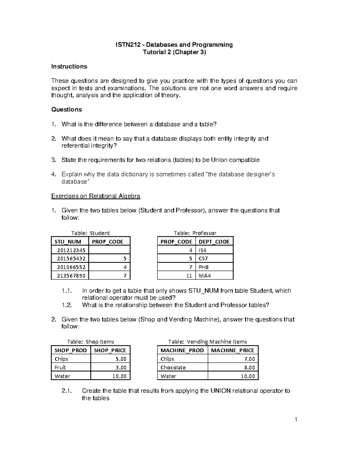 ISTN212 Databases Tutorial 2 - Chapters 3 - 1 ISTN212 - Databases and Programming Tutorial 2 ...