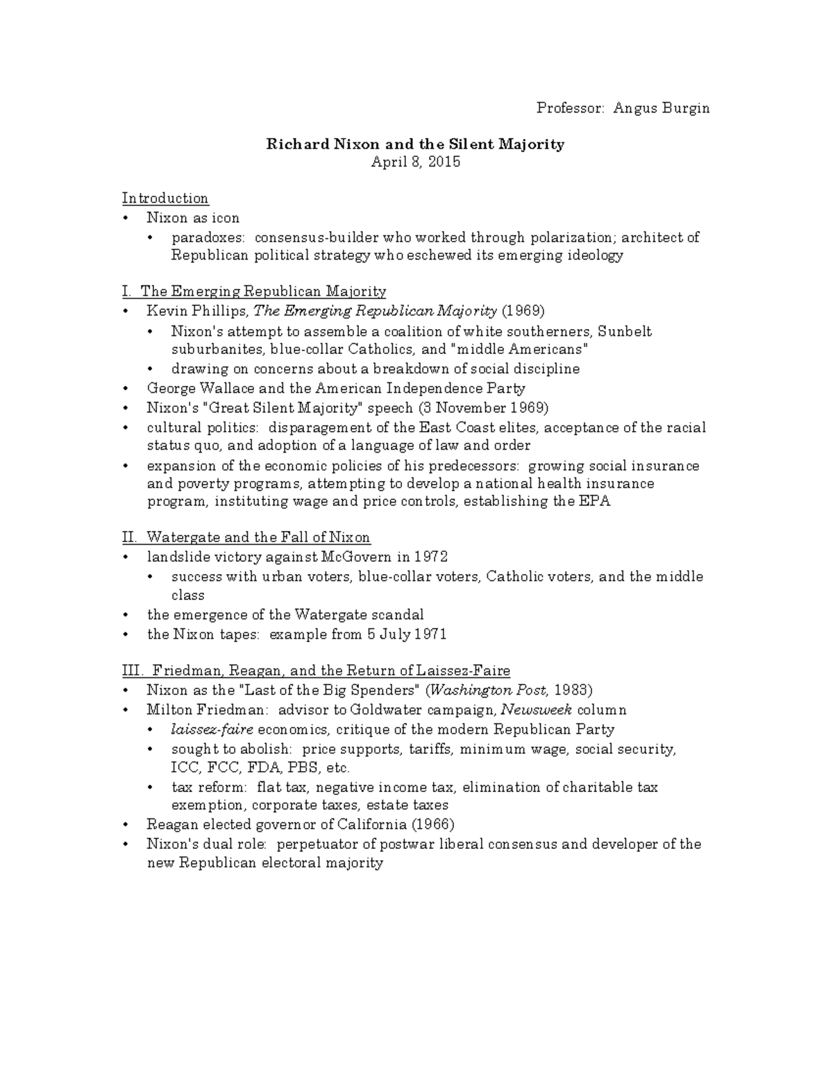 Lecture 19 - Professor: Angus Burgin Richard Nixon and the Silent ...
