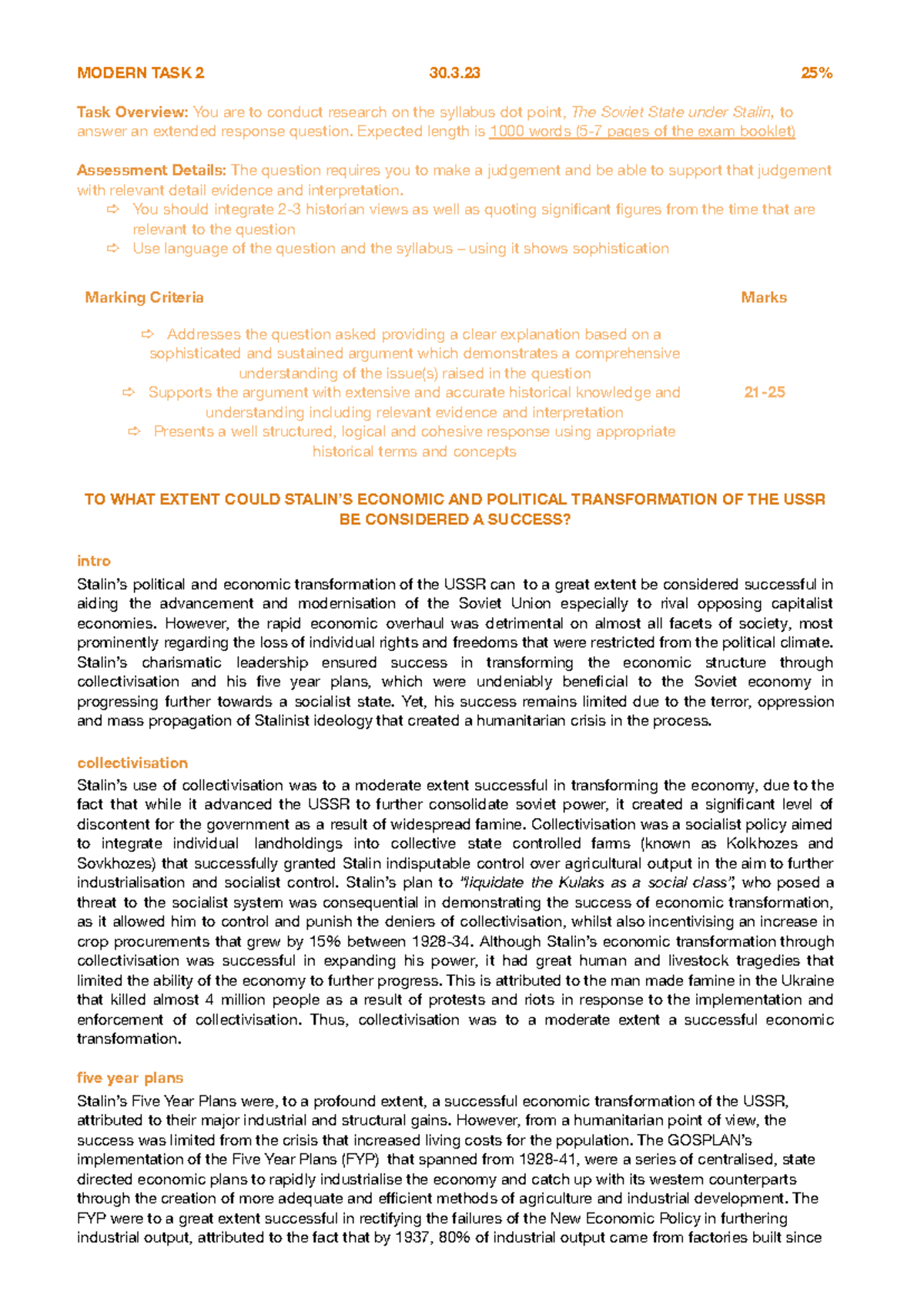 Stalin – Russia Essay - MODERN TASK 2 30.3 25% Task Overview: You are ...