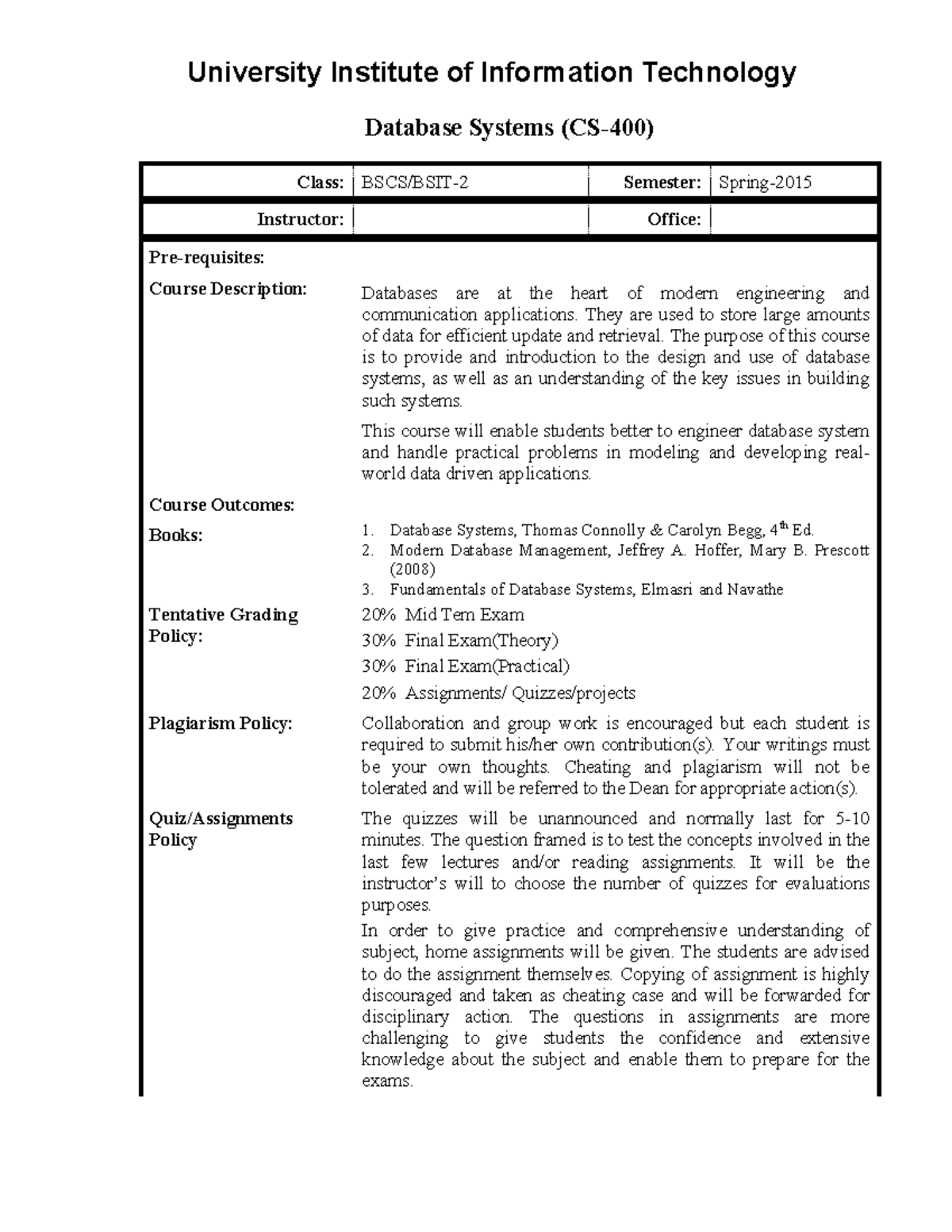 CS-400 Data Base - Database Systems (CS-400) Class: BSCS/BSIT-2 ...