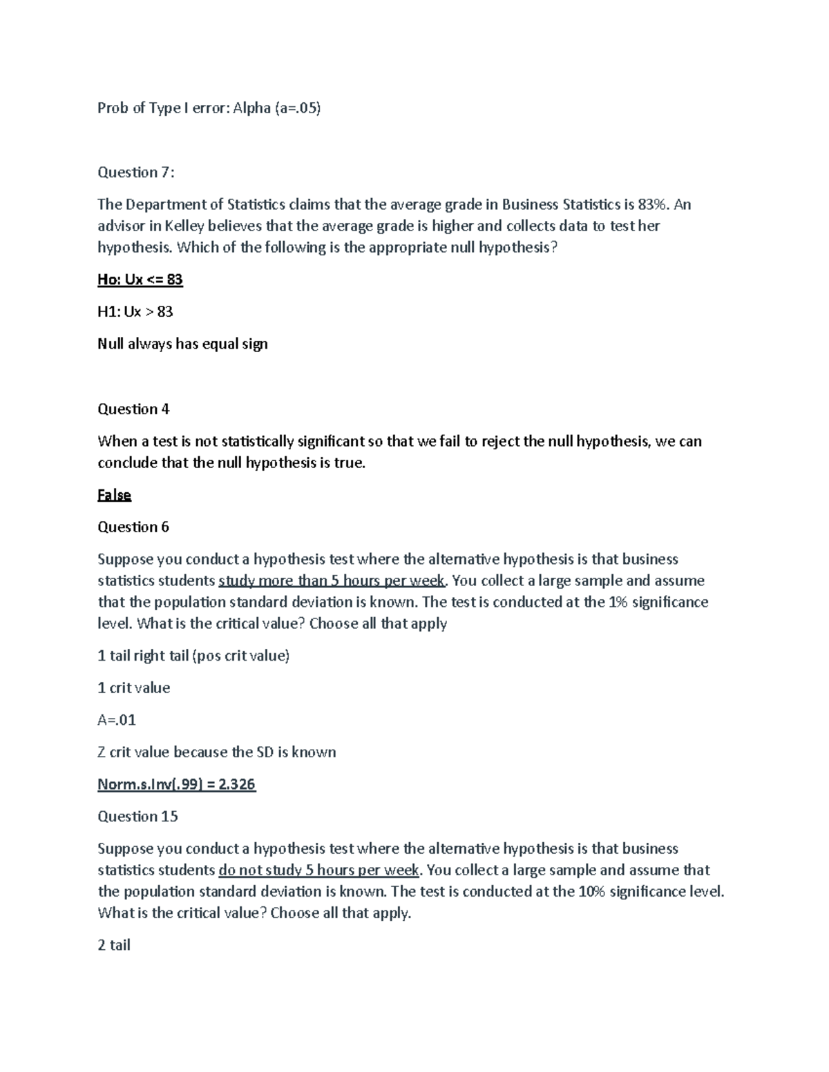 Stats Exam 3 - exam 3 notes - Prob of Type I error: Alpha (a=) Question ...