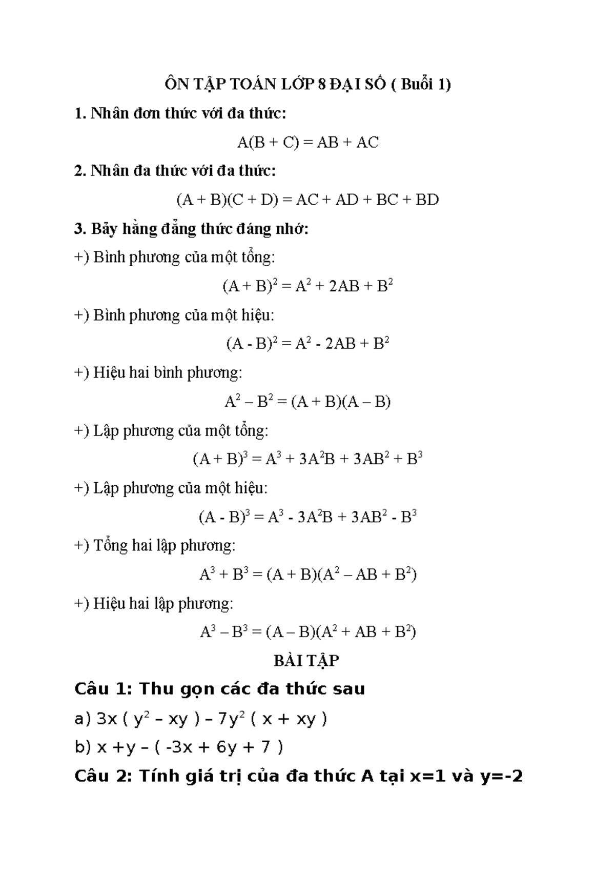 ÔN TẬP TOÁN LỚP 8 ĐẠI SỐ - can thiet - ÔN TẬP TOÁN LỚP 8 ĐẠI SỐ ( Buổi 1) Nhân đơn thức với đa ...