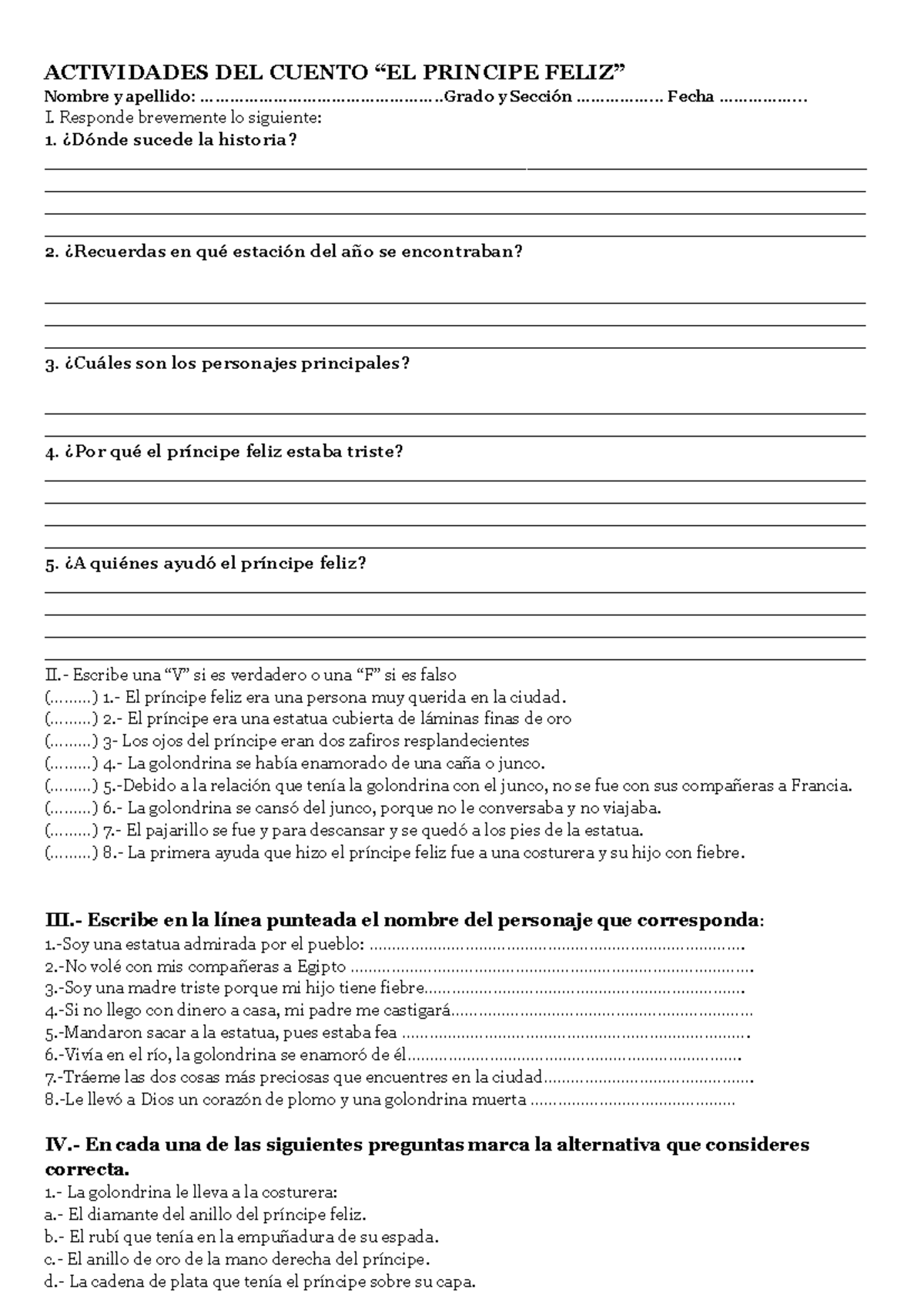 Cuestionariodel principe azul-DEL Cuento - ACTIVIDADES DEL CUENTO “EL ...