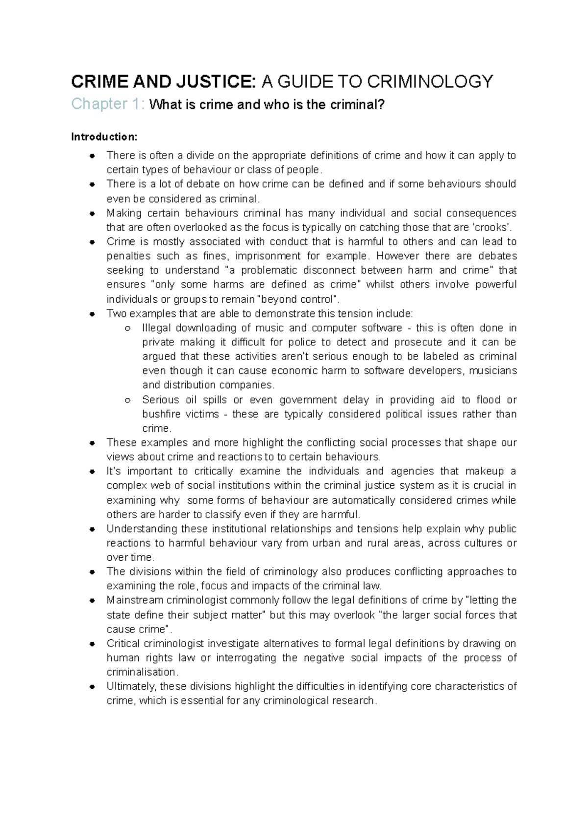 ACR1 01 - Weekly notes - CRIME AND JUSTICE: A GUIDE TO CRIMINOLOGY ...