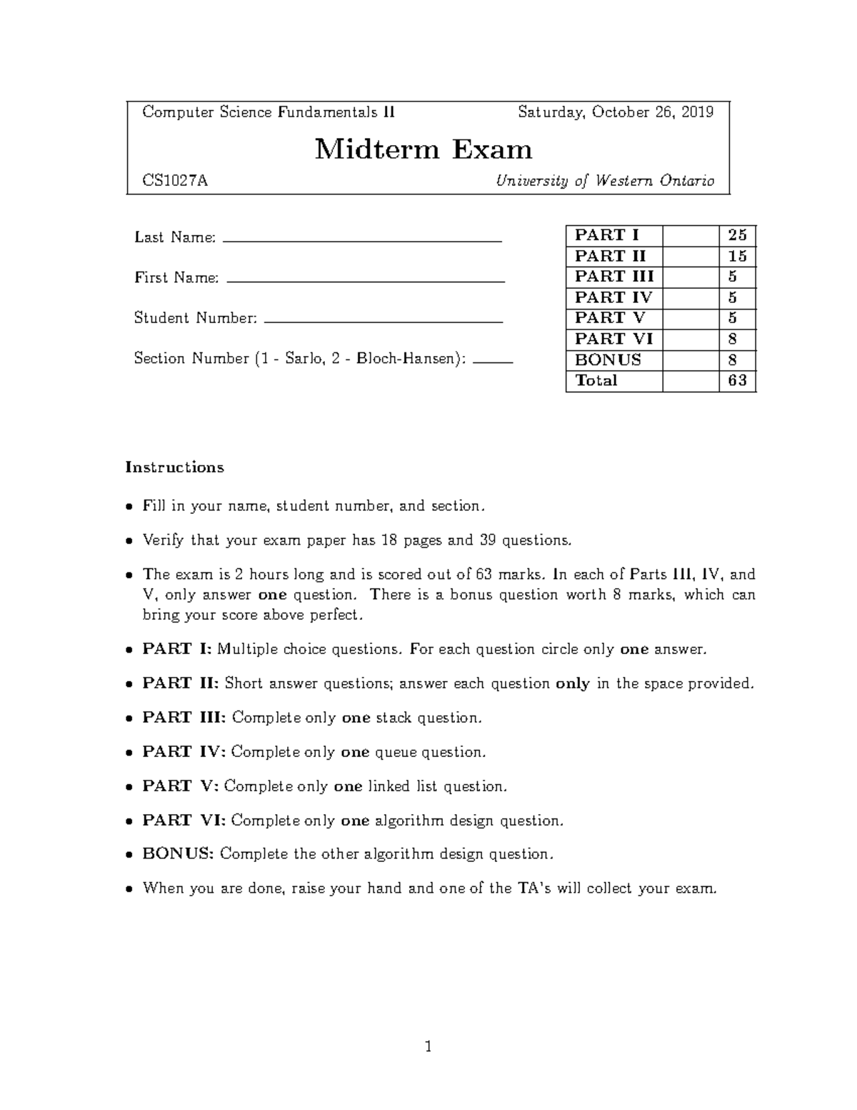 CS1027A Midterm Exam Oct 26 2019 Final Solutions - Computer Science Fundamentals II Saturday ...