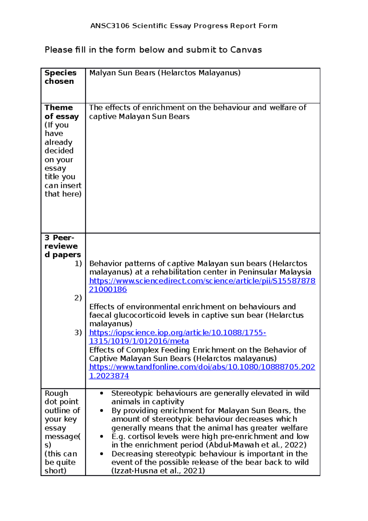 510458845 ANSC3106 Essay Progress Report Form 2018 - ANSC3106 ...