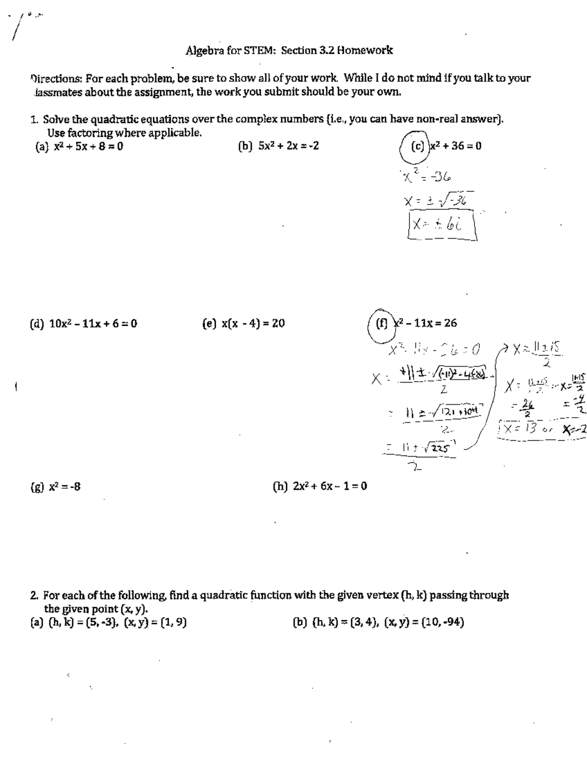 3.2 Quadratics Homework Completed - / Algebra for STEM: Section 3 ...