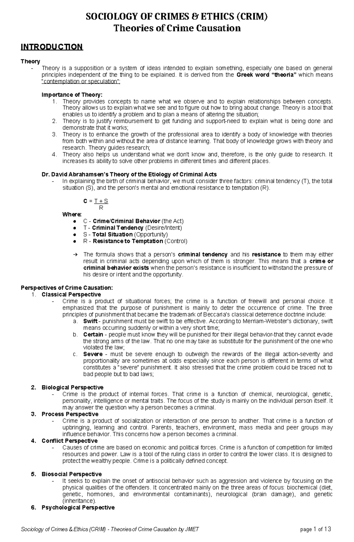 New CRIM 2 (Theories) lecture - SOCIOLOGY OF CRIMES & ETHICS (CRIM ...